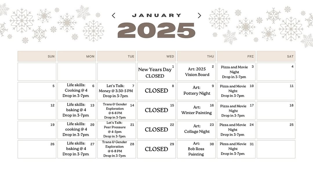 Burnaby Youth Hub Jan 2025 Calendar – Lower Mainland Purpose Society ...