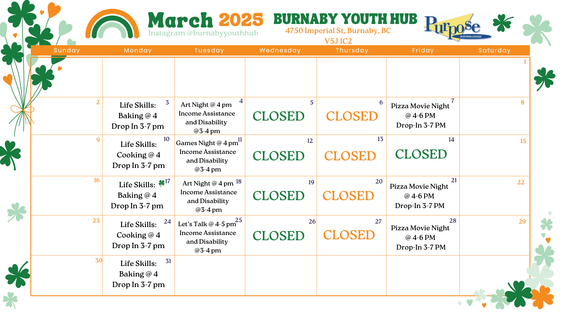 Burnaby Youth Hub March Calendar – Lower Mainland Purpose Society for ...